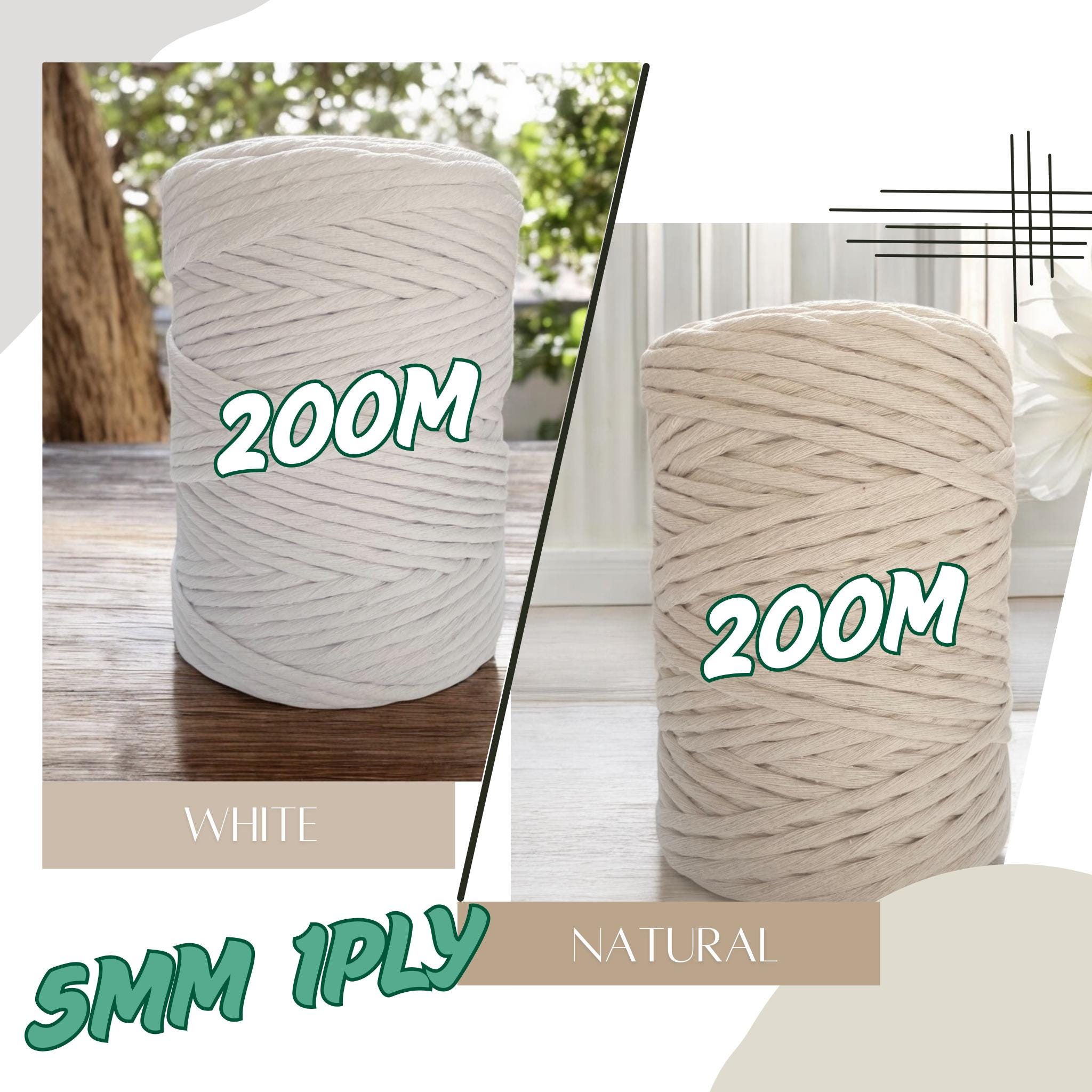 200M Bulk Macrame Cord | 3mm 4mm 5mm | Natural White Cotton | 3ply 1ply ...