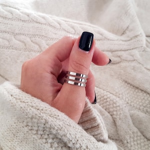 2 Pcs/set, Silver Cuff Rings, Triple Band Ring, Resizable Double Layer ...