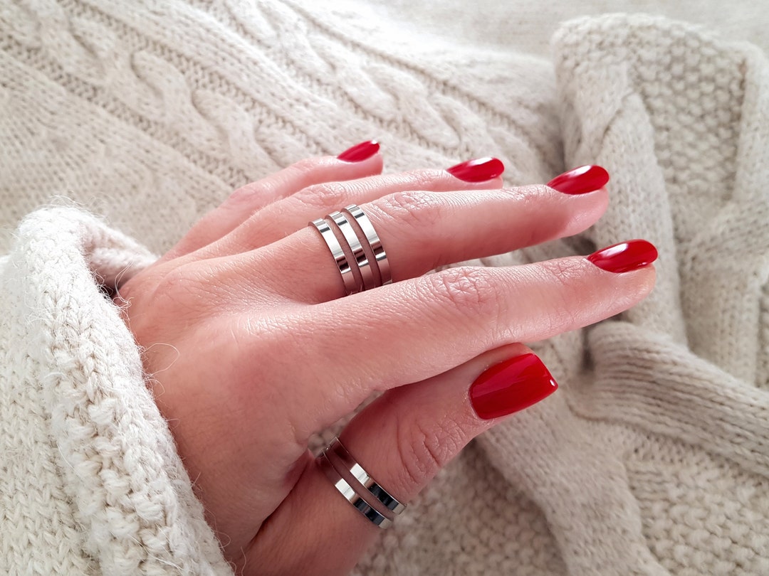 2 Pcs/set, Silver Cuff Rings, Triple Band Ring, Resizable Double Layer ...