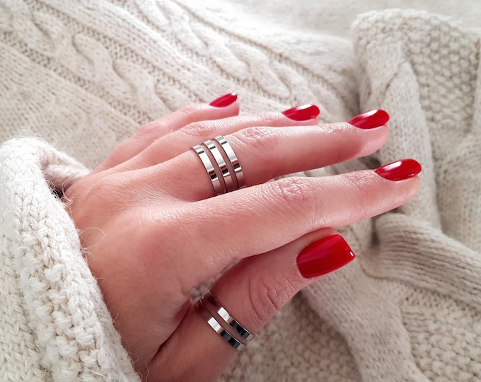 2 Pcs/set, Silver Cuff Rings, Triple Band Ring, Resizable Double Layer ...
