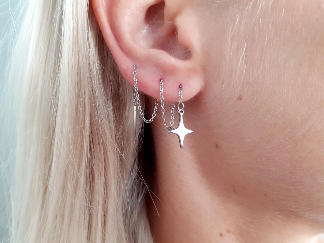 Star Threader Earrings, Cartilage Chain Piercing, Threader Long Chain ...