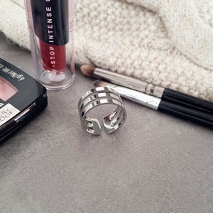 2 Pcs/set, Silver Cuff Rings, Triple Band Ring, Resizable Double Layer ...