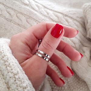 2 Pcs/set, Silver Cuff Rings, Triple Band Ring, Resizable Double Layer ...