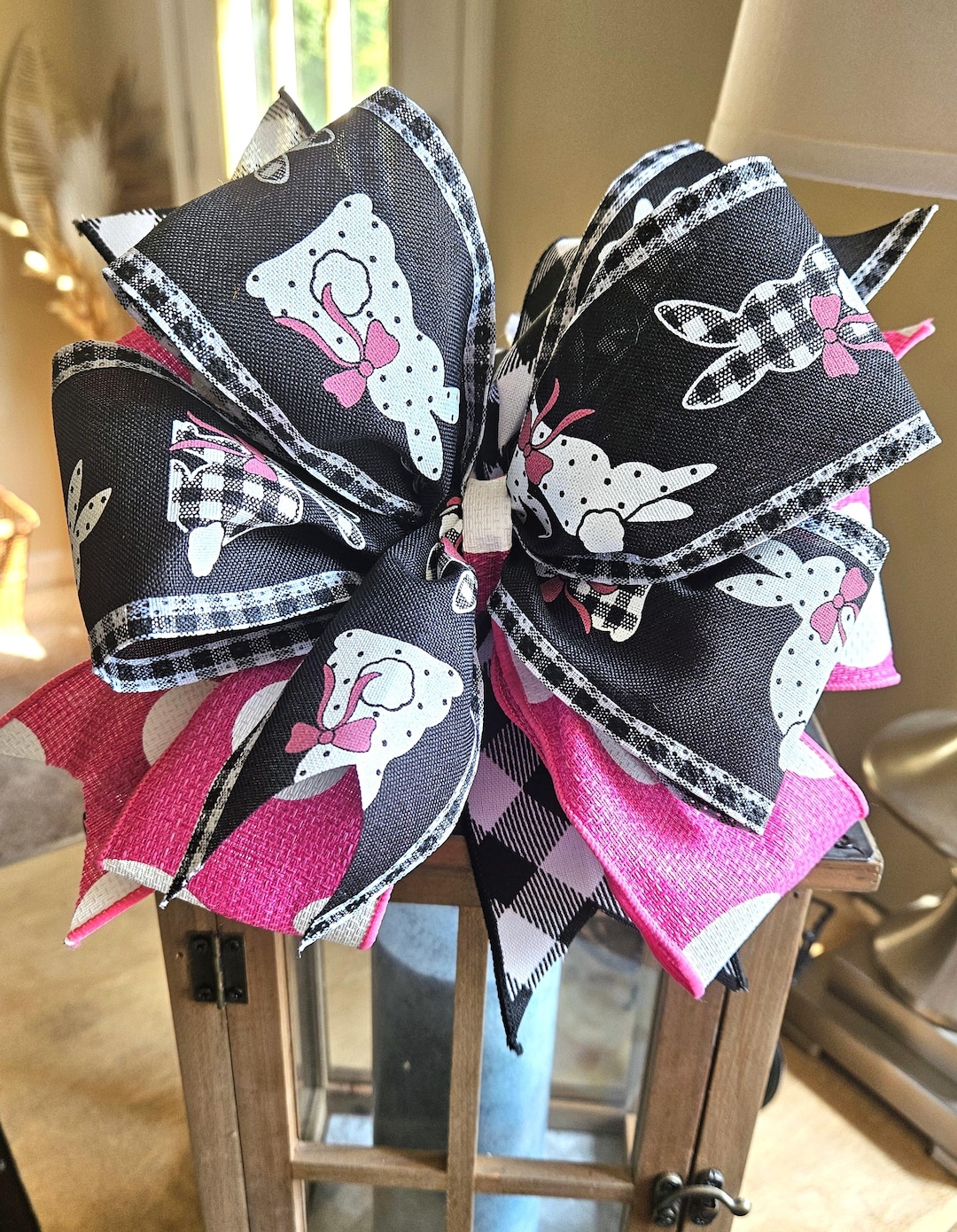 Pink & Black Bunny Bow: Spring Wreath, Lantern, Mailbox Decor - Etsy