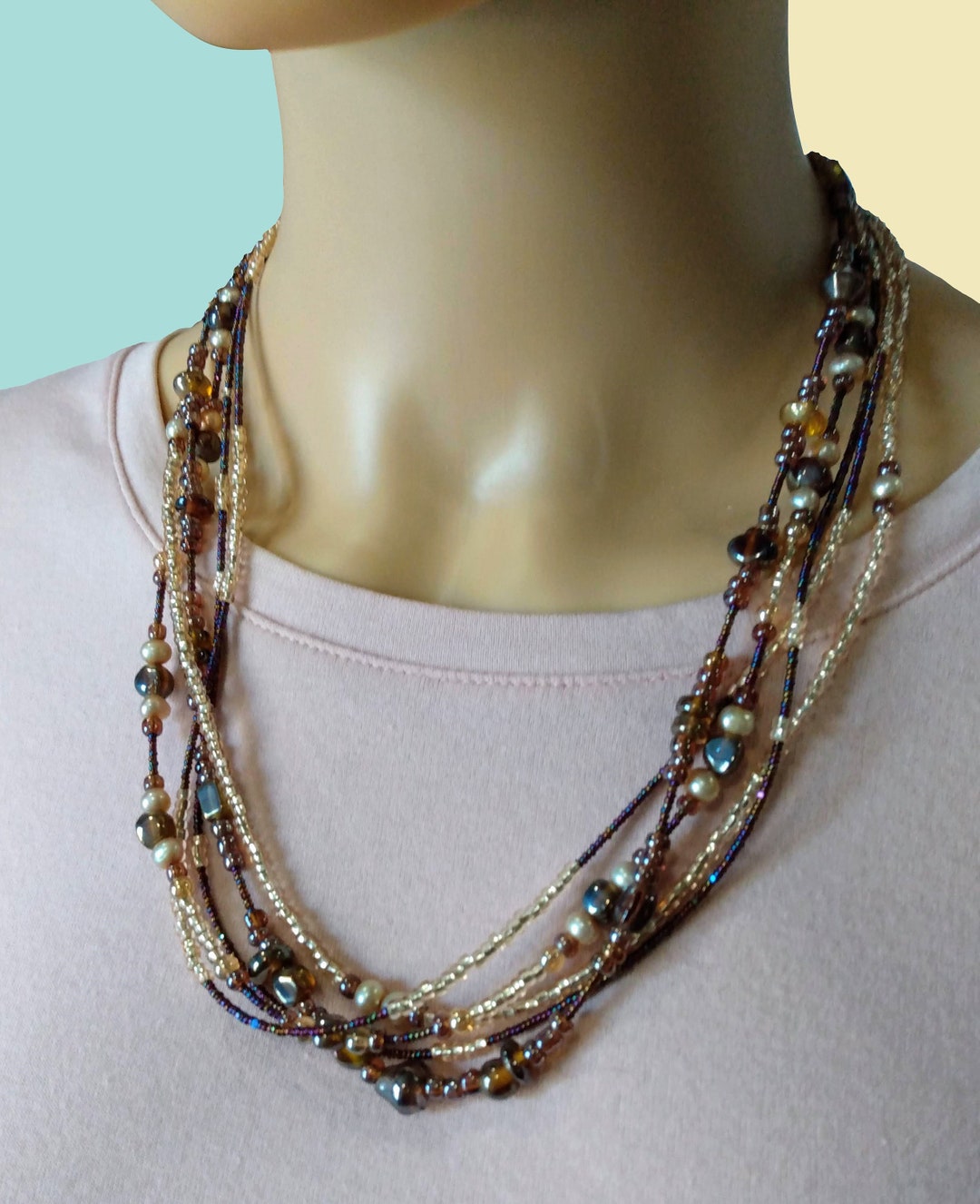 Multi-strand Necklace Beige and Brown Delicate Beadwork - Etsy Canada