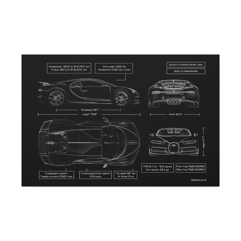 Bugatti Chiron Blueprint Canvas in Black 2020 Gift for Him Car ...