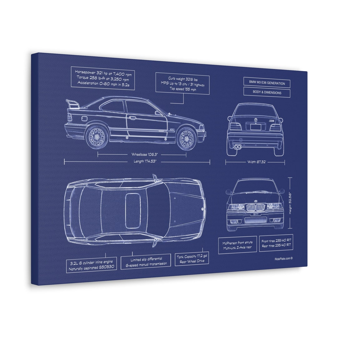 E36 M3 BMW Blueprint Canvas in Blue 1990 2000 Generation Gift for Him ...