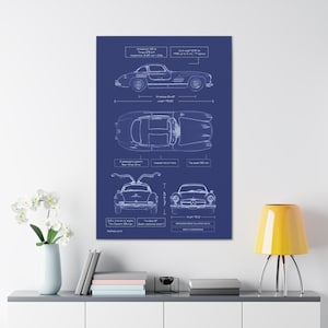 Mercedes Benz 300 SL Gullwing Blueprint Canvas in Blue | Mercedes Benz ...