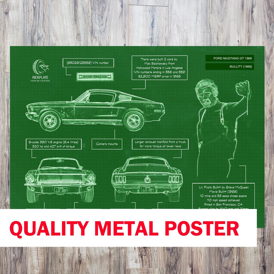 Ford Mustang Bullitt Movie Special Edition Metal Poster | Steve Mcqueen ...