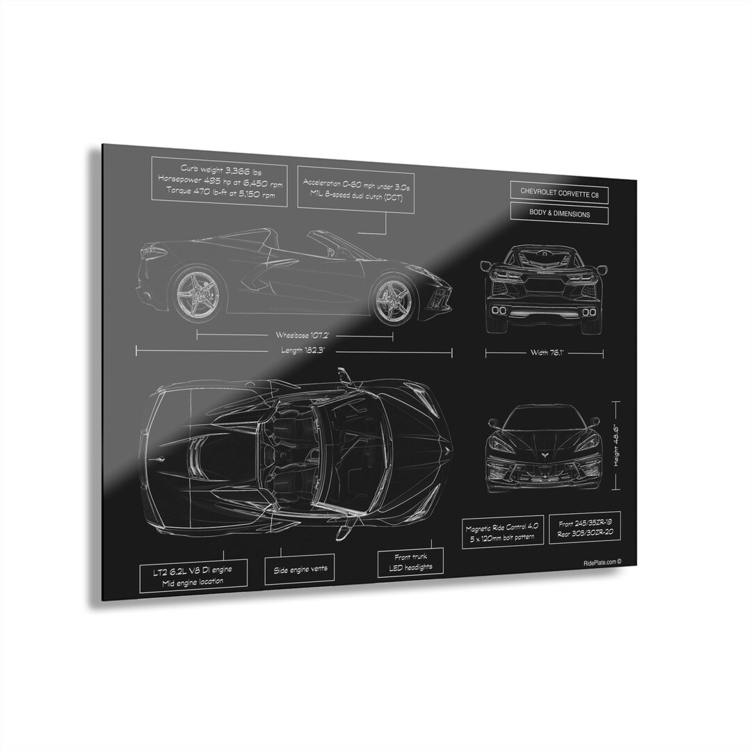 Chevy Corvette C8 Convertible Blueprint Acrylic Poster in Black 2020 ...