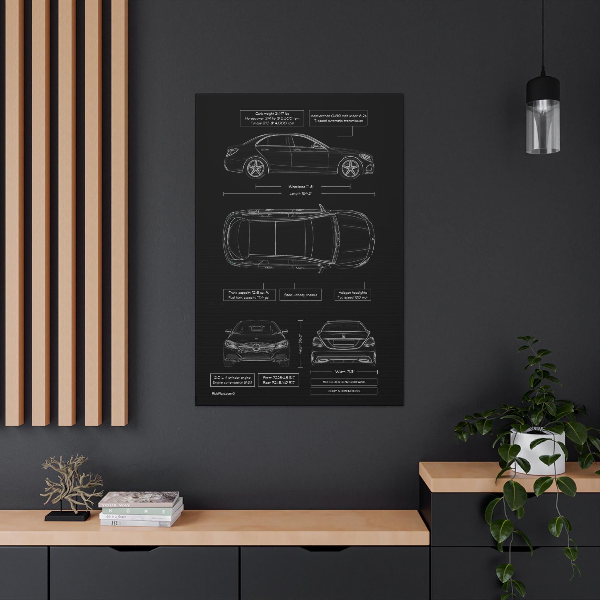 Mercedes Benz C300 W205 Portrait Blueprint Canvas in Black | 2014- 2021 ...