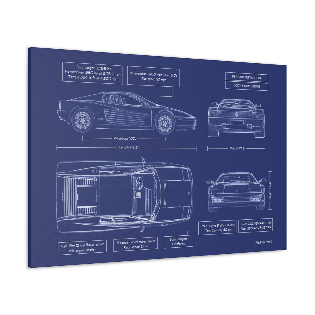 Ferrari Testarossa Blueprint Canvas in Blue 1984 1996 Gift for Him Car ...