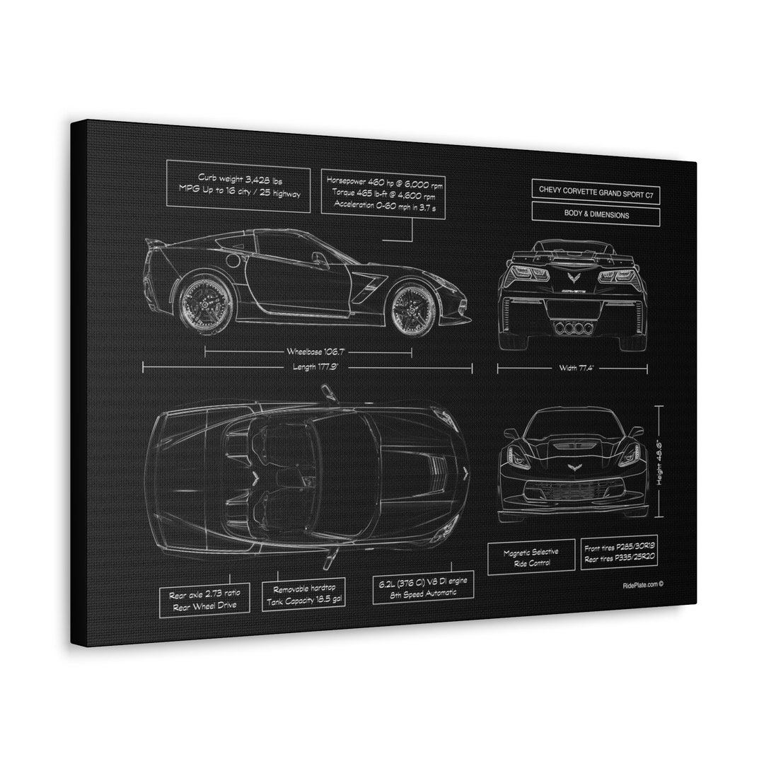 Chevy Corvette C7 Grand Sport Blueprint Canvas in Black 2014 2019 Gift ...