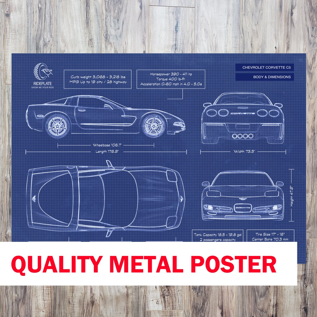 Chevrolet Corvette C5 Blueprint METAL Poster | 1997 - 2004 | Automotive ...