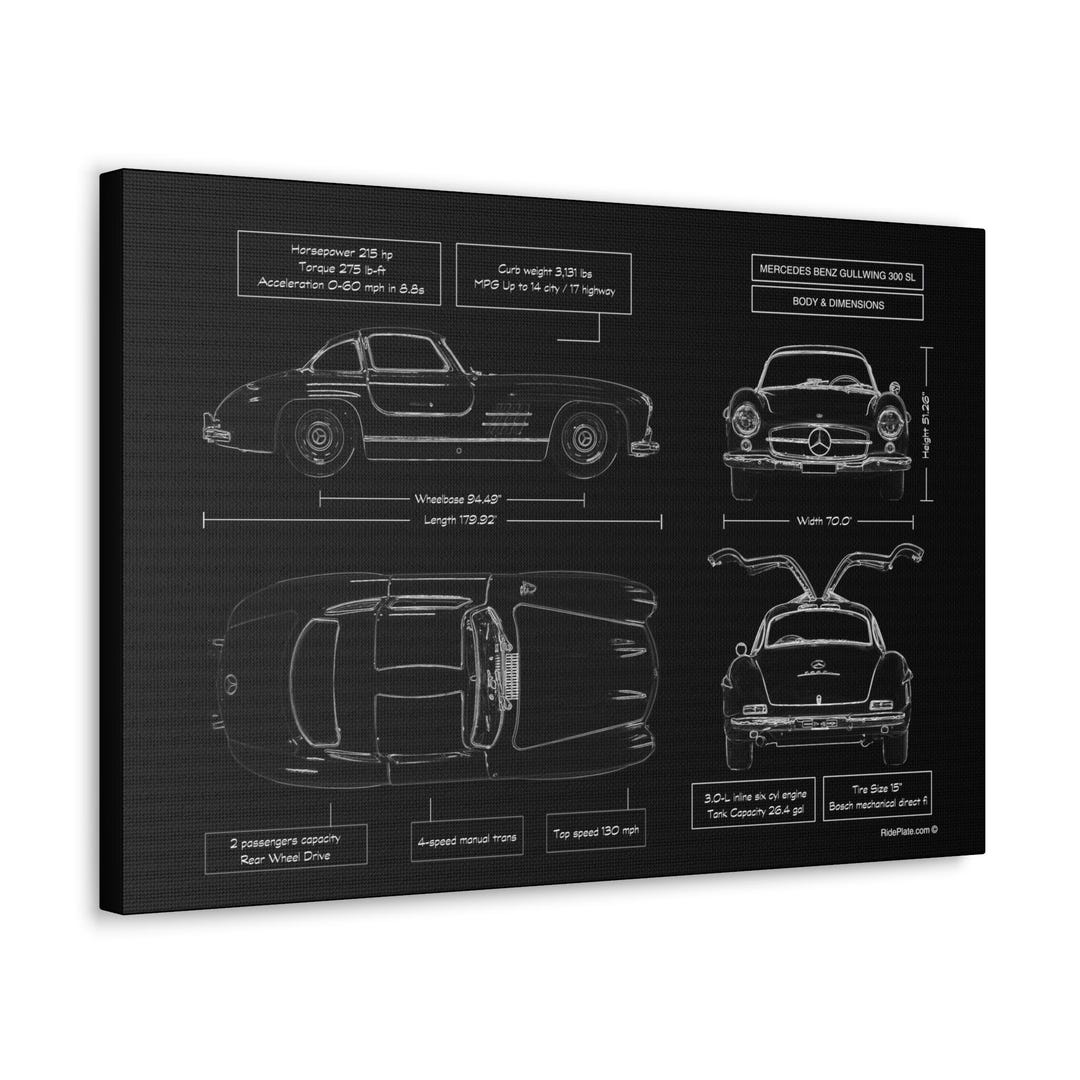 Mercedes Benz 300 SL Gullwing Blueprint Canvas in Black | Mercedes ...