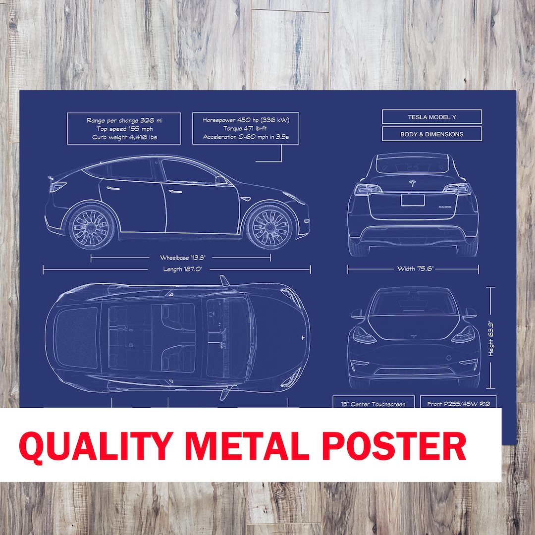 Tesla Model Y 2020–2023 Blueprint Metal Poster – Futuristic EV Wall Art ...