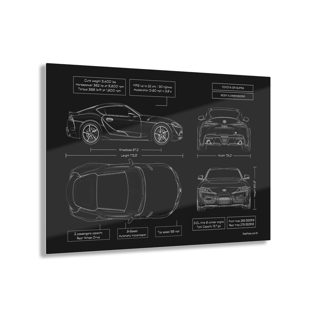 Acrylic Poster, Toyota Supra GR 2020 2024 Blueprint in Blue, Car ...