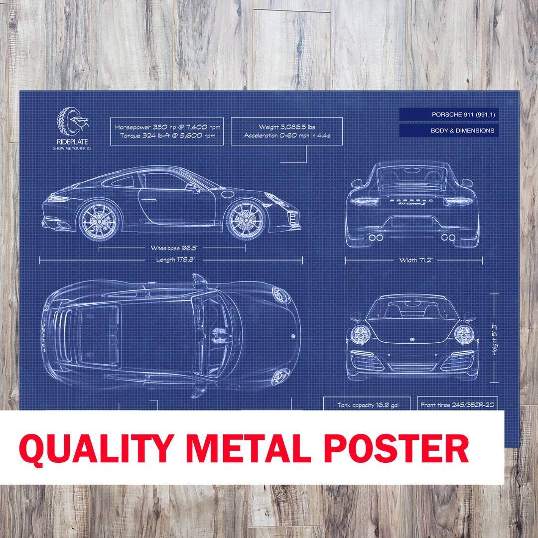 Porsche 911 (991.1) Metal Blueprint Poster | 2012 - 2016 | Durable and ...
