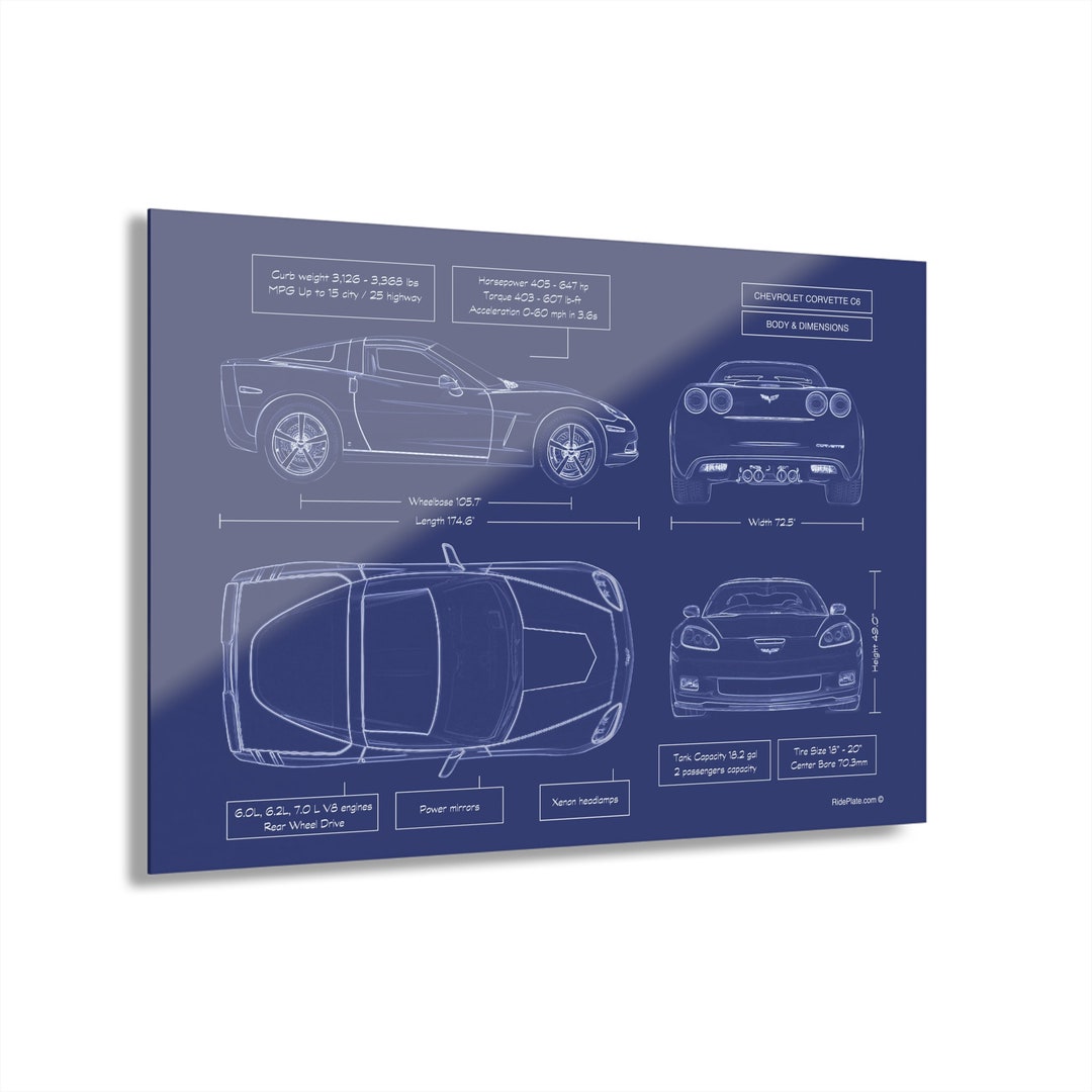 Chevy Corvette C6 Blueprint Acrylic Poster in Blue 2005 2013 Car ...