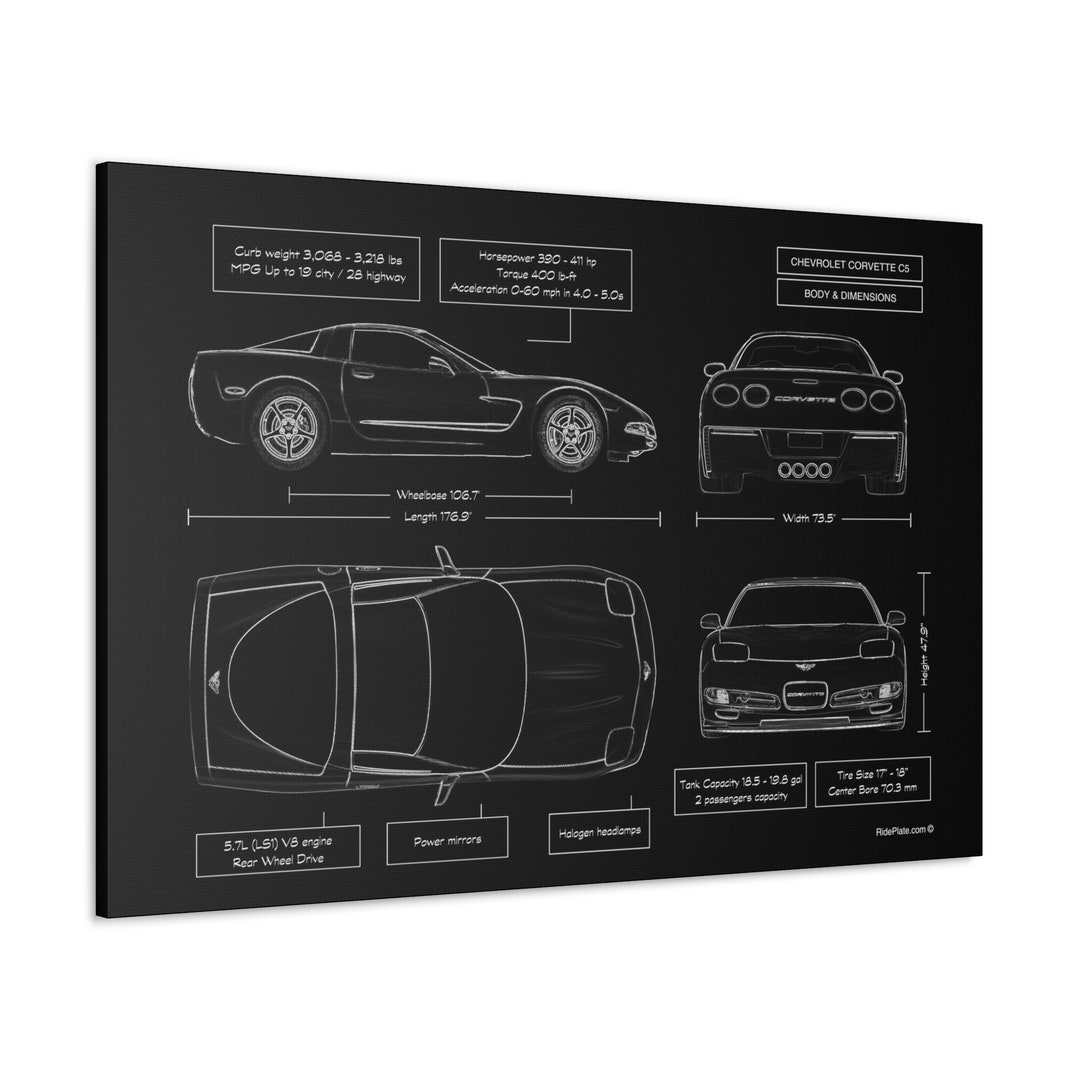 Chevrolet Corvette C5 Blueprint Canvas in Black 2014 2019 Gift for Him ...