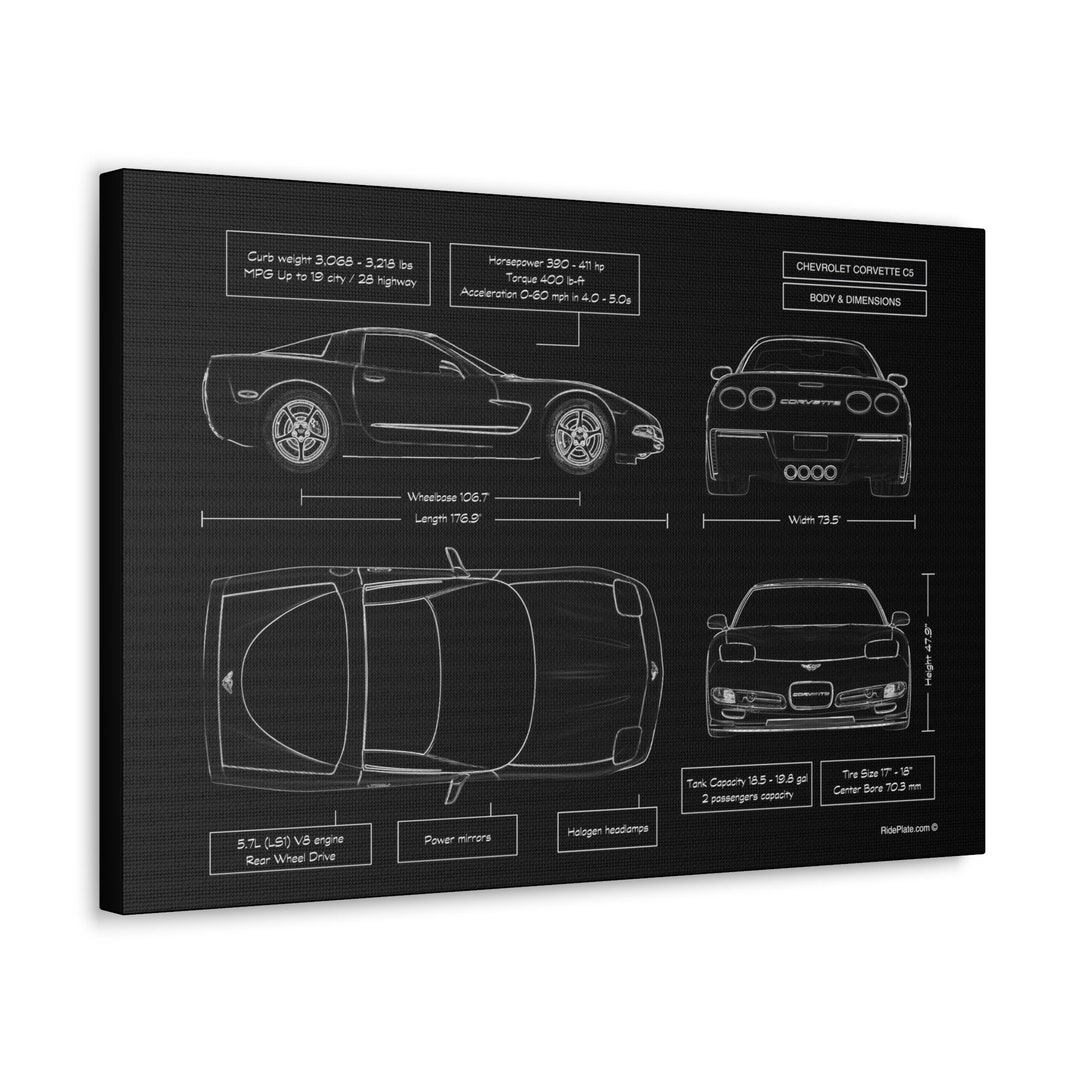 Chevrolet Corvette C5 Blueprint Canvas in Black 2014 2019 Gift for Him ...