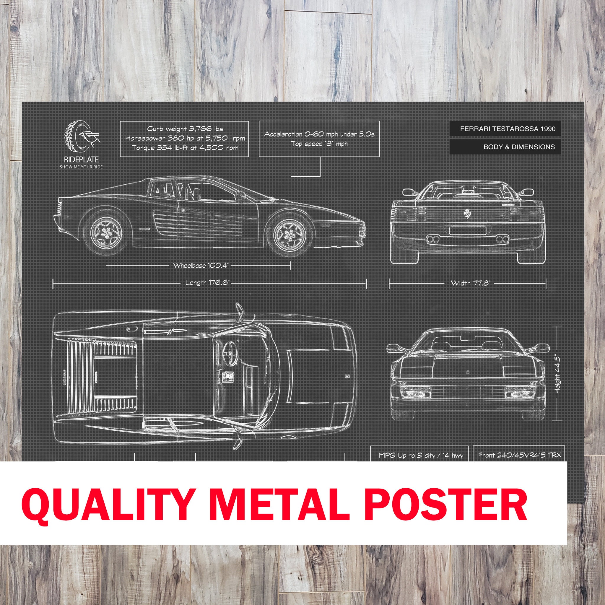Ferrari Testarossa Blueprint Metal Poster Car Drawing High | Etsy