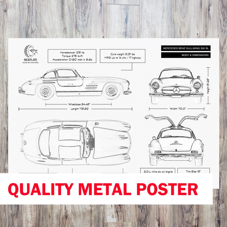 Mercedes Benz 300 SL Gullwing Blueprint Poster High - Etsy UK