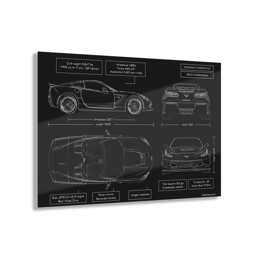 Chevrolet Corvette C7 Blueprint Acrylic Poster in Black | 2014 - 2019 ...