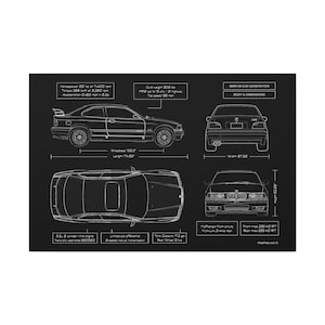 BMW E36 M3 Blueprint Canvas in Black 1990 2000 Gift for Him Car ...