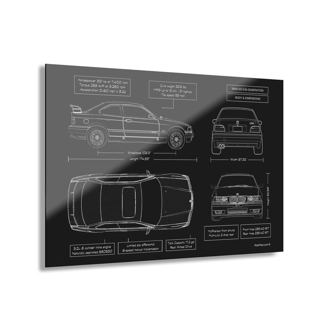BMW M3 E36 Generation Blueprint Acrylic Poster in Black 1990 2000 BMW ...