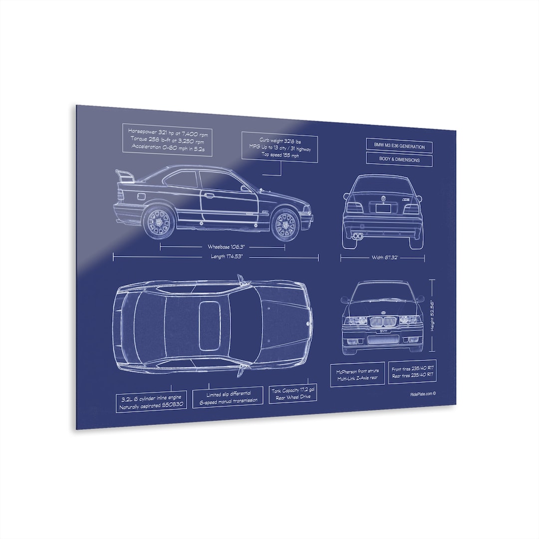 BMW M3 E36 Blueprint Acrylic Poster in Blue 1990 2000 Car Drawing BMW ...