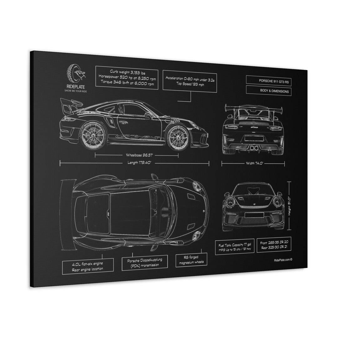 Porsche GT3 RS Blueprint Canvas in Black Ready to Display 2018 2019 ...