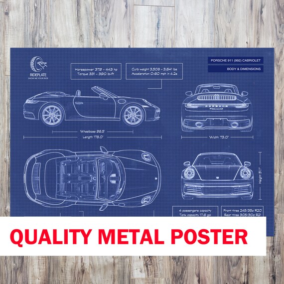 Porsche 911 992 Cabriolet Blueprint Metal Poster 2019-2020 - Etsy