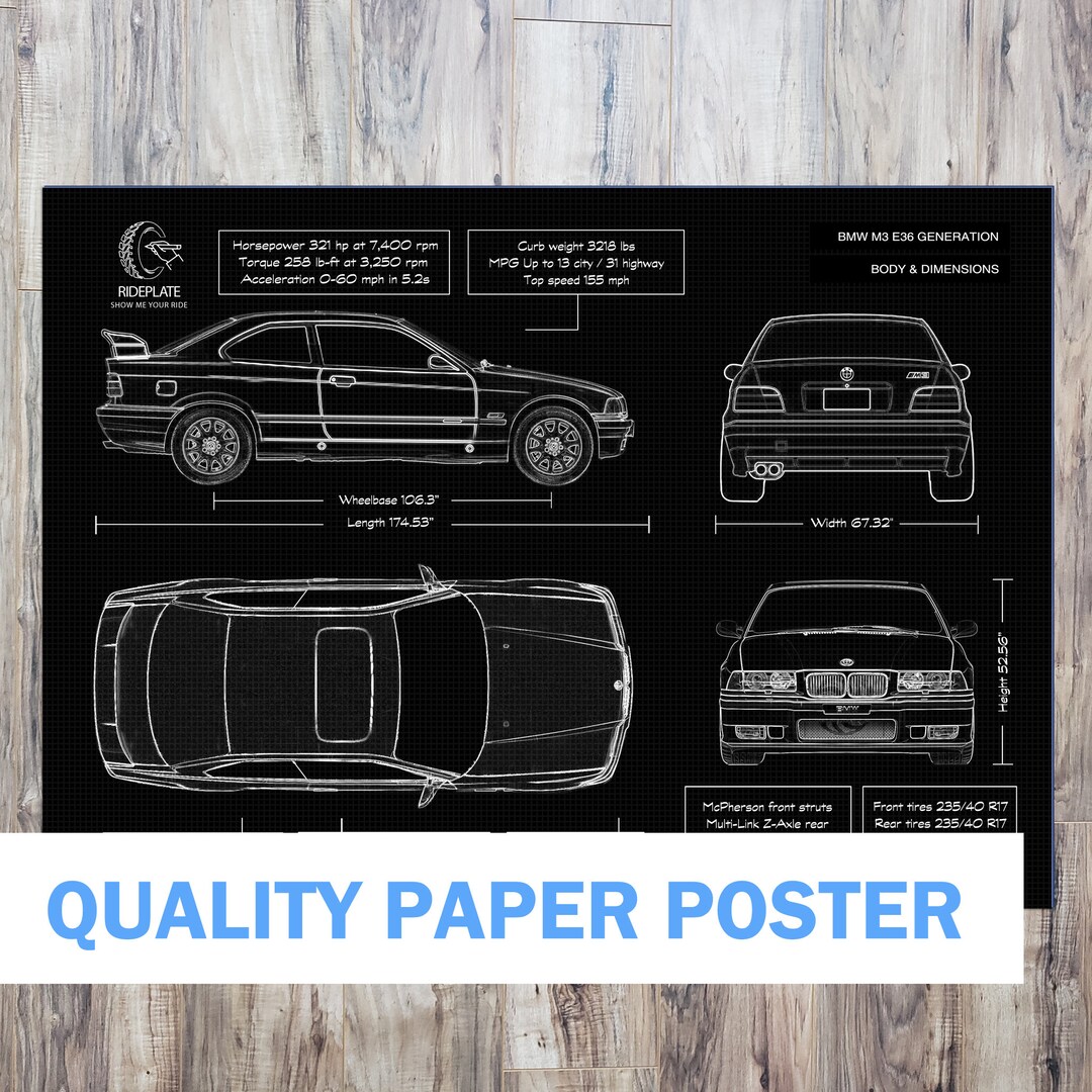 BMW M3 E36 Print in Black | 1990 - 2000 | BMW Owner Gift Non Framed Car ...