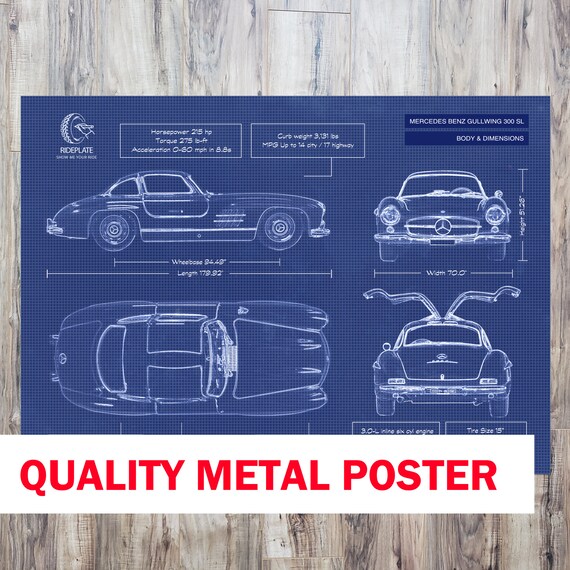 Mercedes Benz 300 SL Gullwing Blueprint Poster High - Etsy