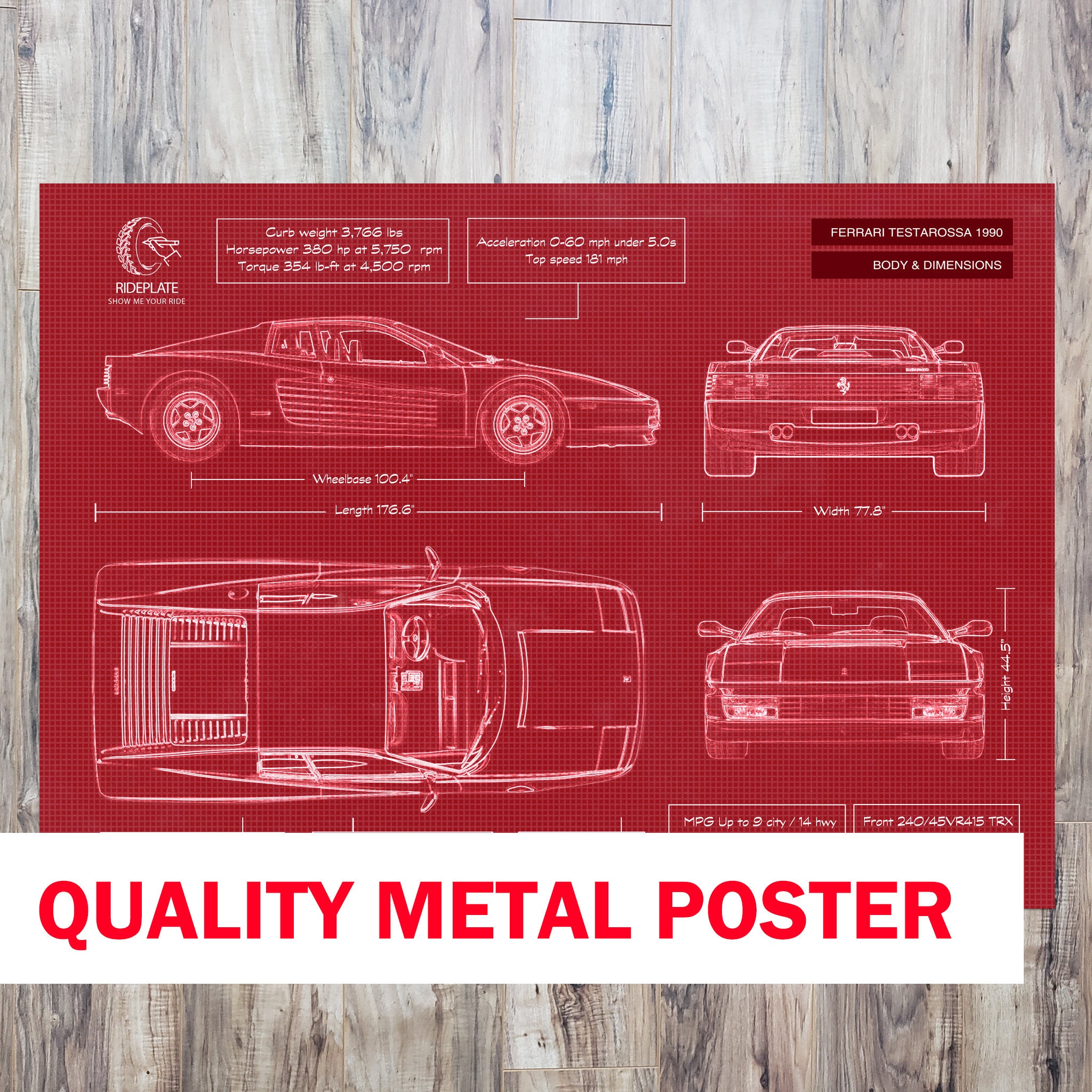 Ferrari Testarossa Blueprint Metal Poster Car Drawing High | Etsy