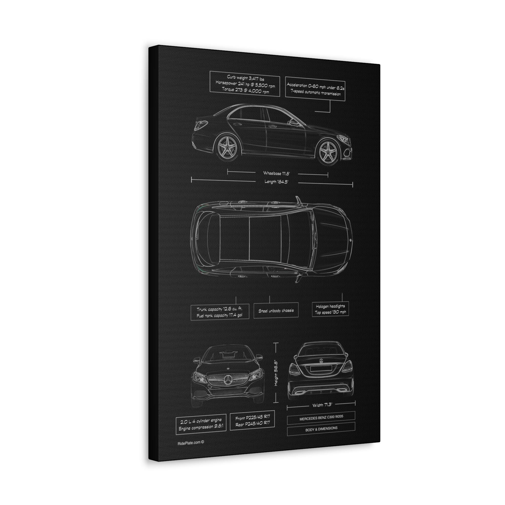 Mercedes Benz C300 W205 Portrait Blueprint Canvas in Black | 2014- 2021 ...