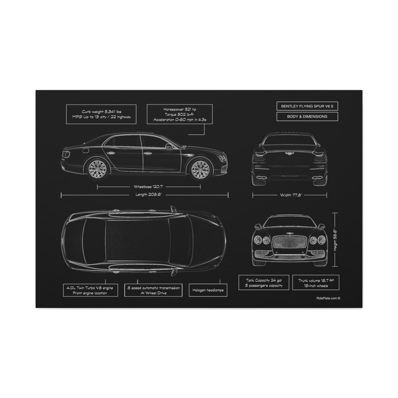 Bentley Flying Spur V8S Blueprint Canvas in Black 2013 2019 Gift for ...