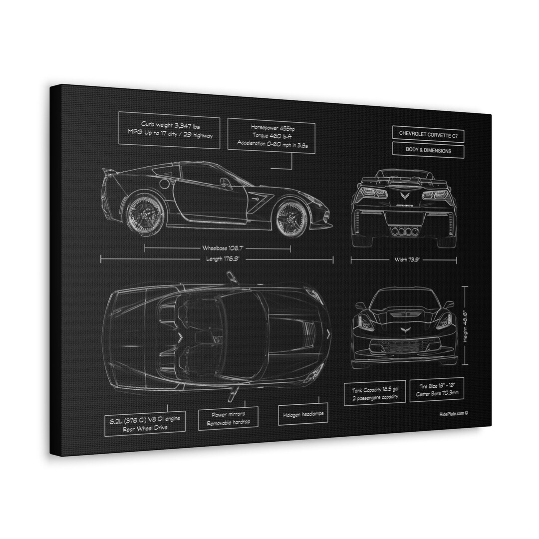 Chevy Corvette C7 Blueprint Canvas in Black 2014 2019 Gift for Him Car ...