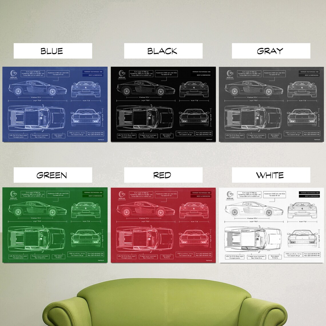 Ferrari Testarossa Blueprint Metal Poster Car Drawing High | Etsy