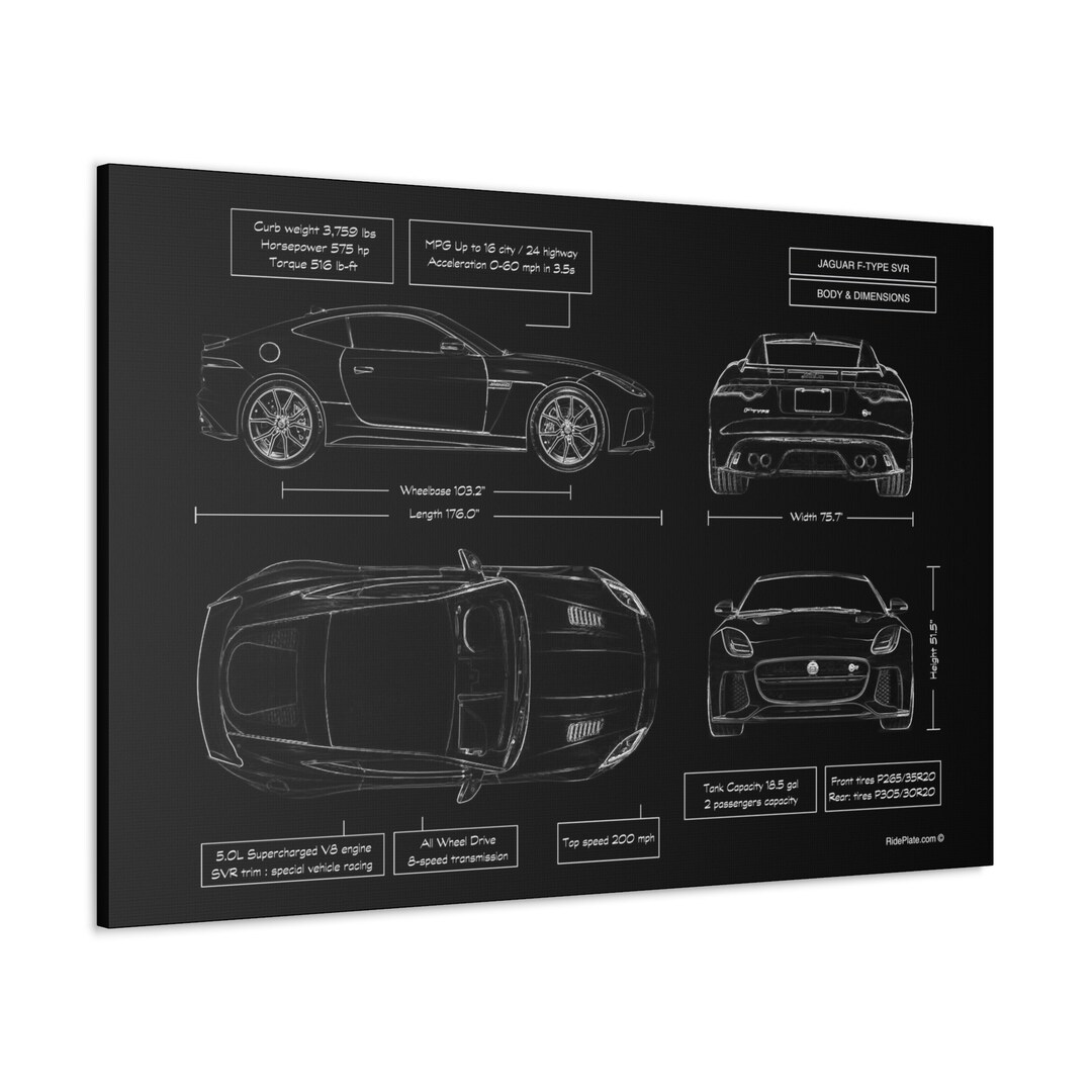 Jaguar F Type Svr Blueprint Canvas In Black 2014 2020 T For Him Car Enthusiast Lover