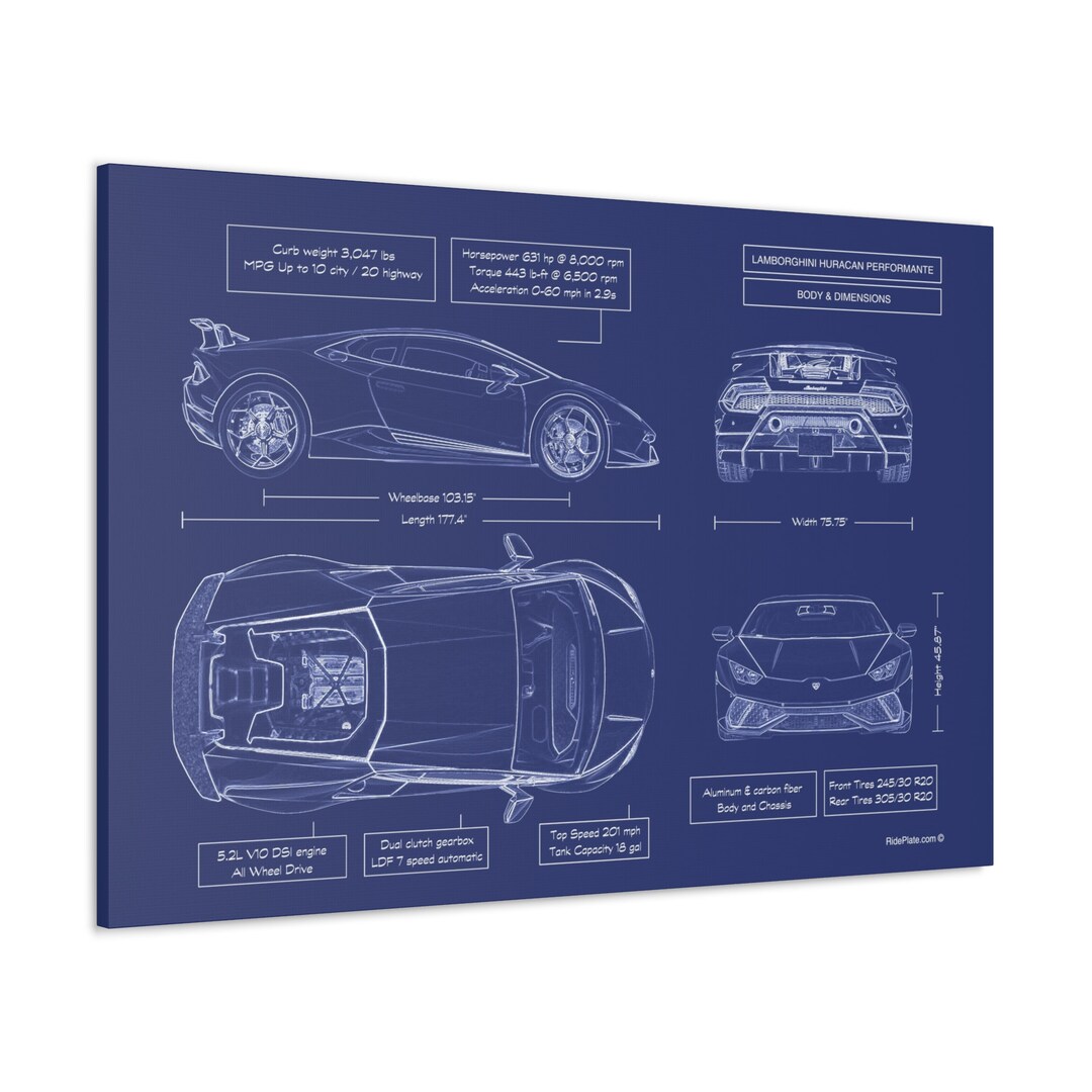 Lamborghini Huracan Performante Blueprint Canvas in Blue 2017 2019 Gift ...