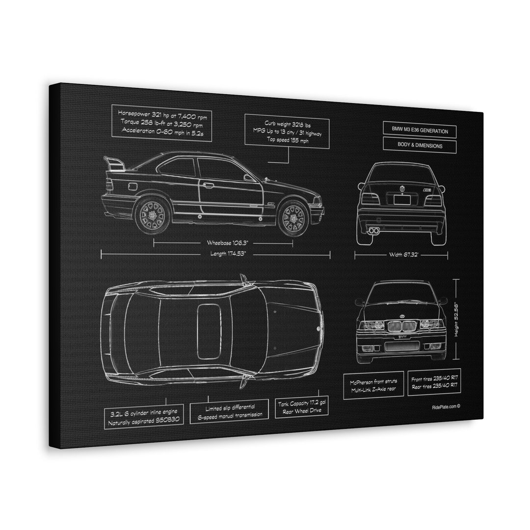 BMW E36 M3 Blueprint Canvas in Black 1990 2000 Gift for Him Car ...