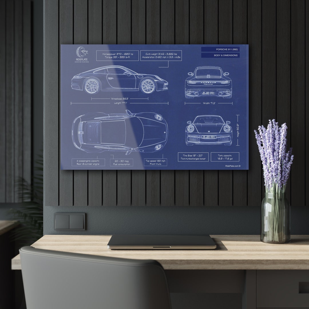 Porsche 911 992 Coupe Blueprint Acrylic Poster in Blue Car - Etsy