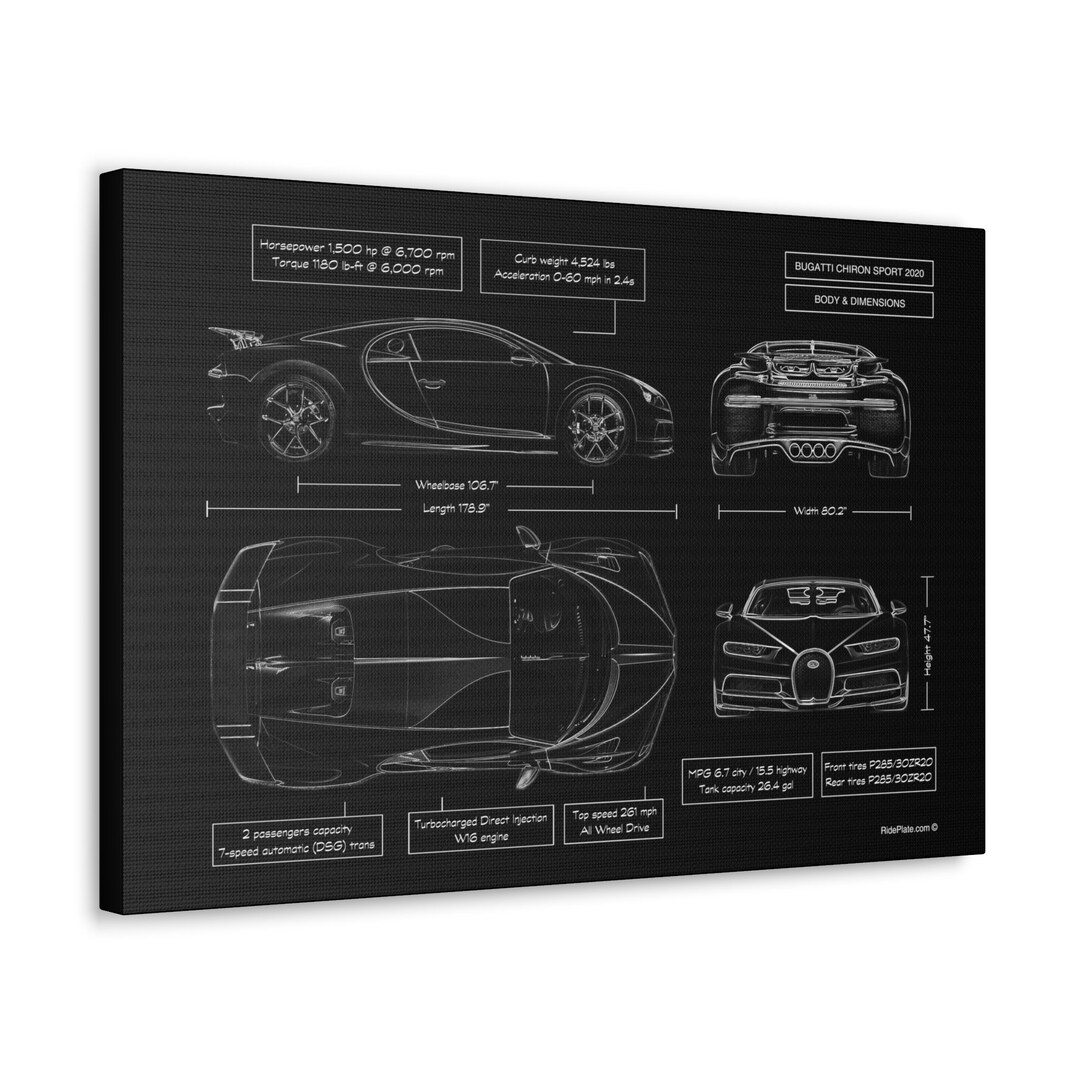 Bugatti Chiron Blueprint Canvas in Black 2020 Gift for Him Car ...