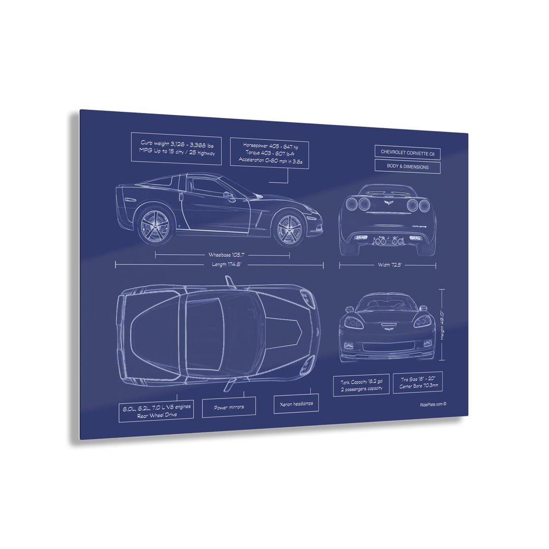 Chevy Corvette C6 Blueprint Acrylic Poster in Blue | 2005 - 2013 | Car ...