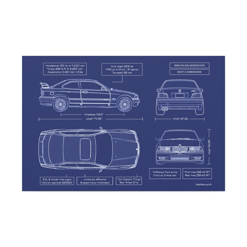 E36 M3 BMW Blueprint Canvas in Blue 1990 2000 Generation Gift for Him ...