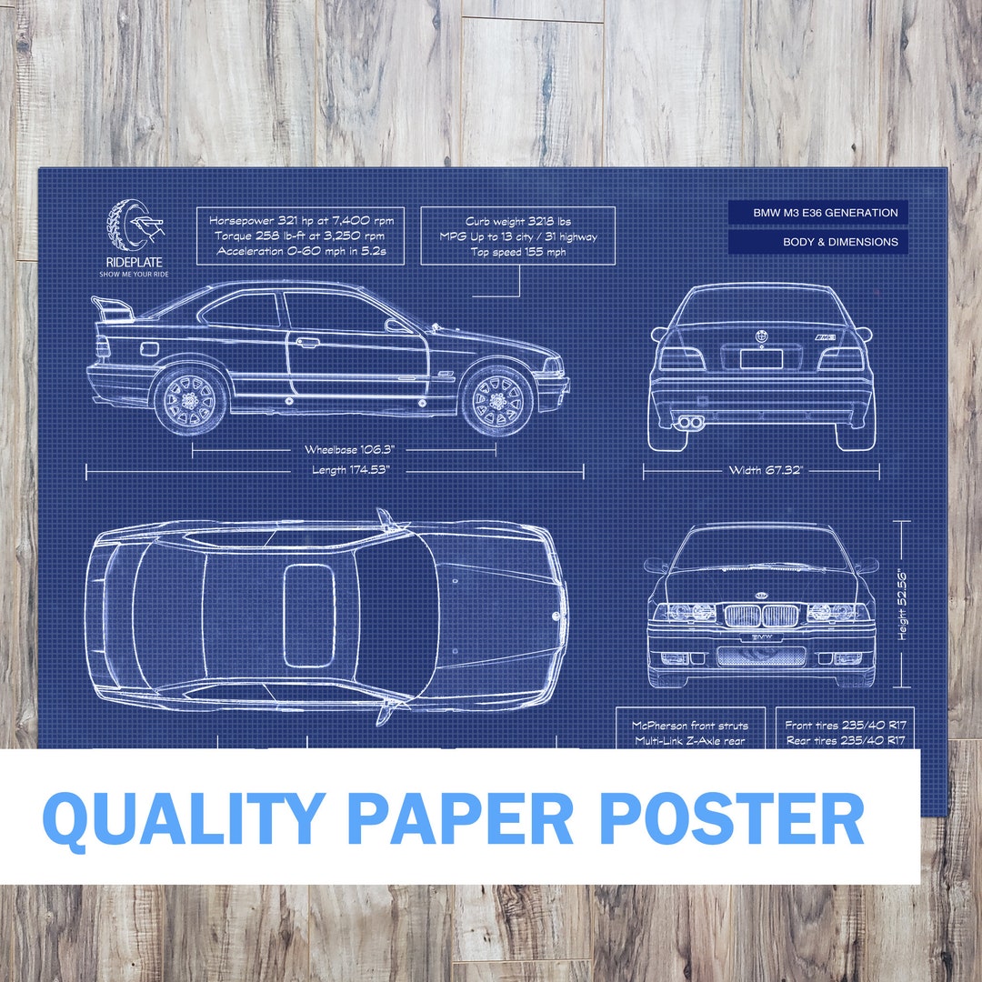 BMW M3 E36 Print in Blue | 1990 - 2000 | Non Framed Car Drawing | Gift ...