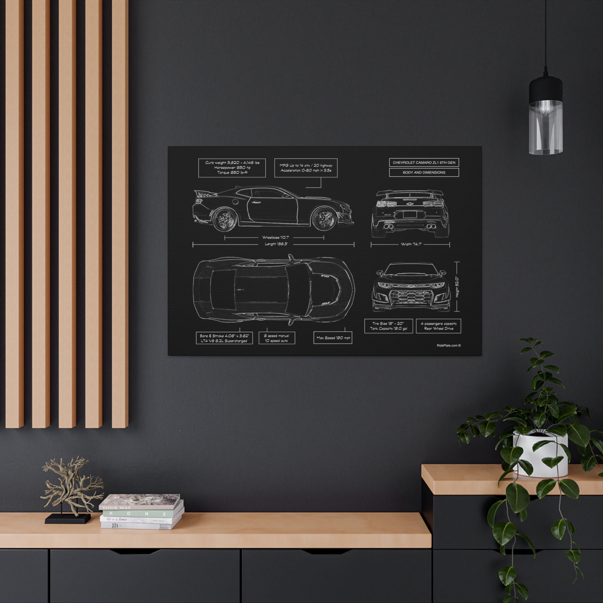 Chevrolet Camaro ZL1 Blueprint Canvas in Black 2017 2024 Gift for ...
