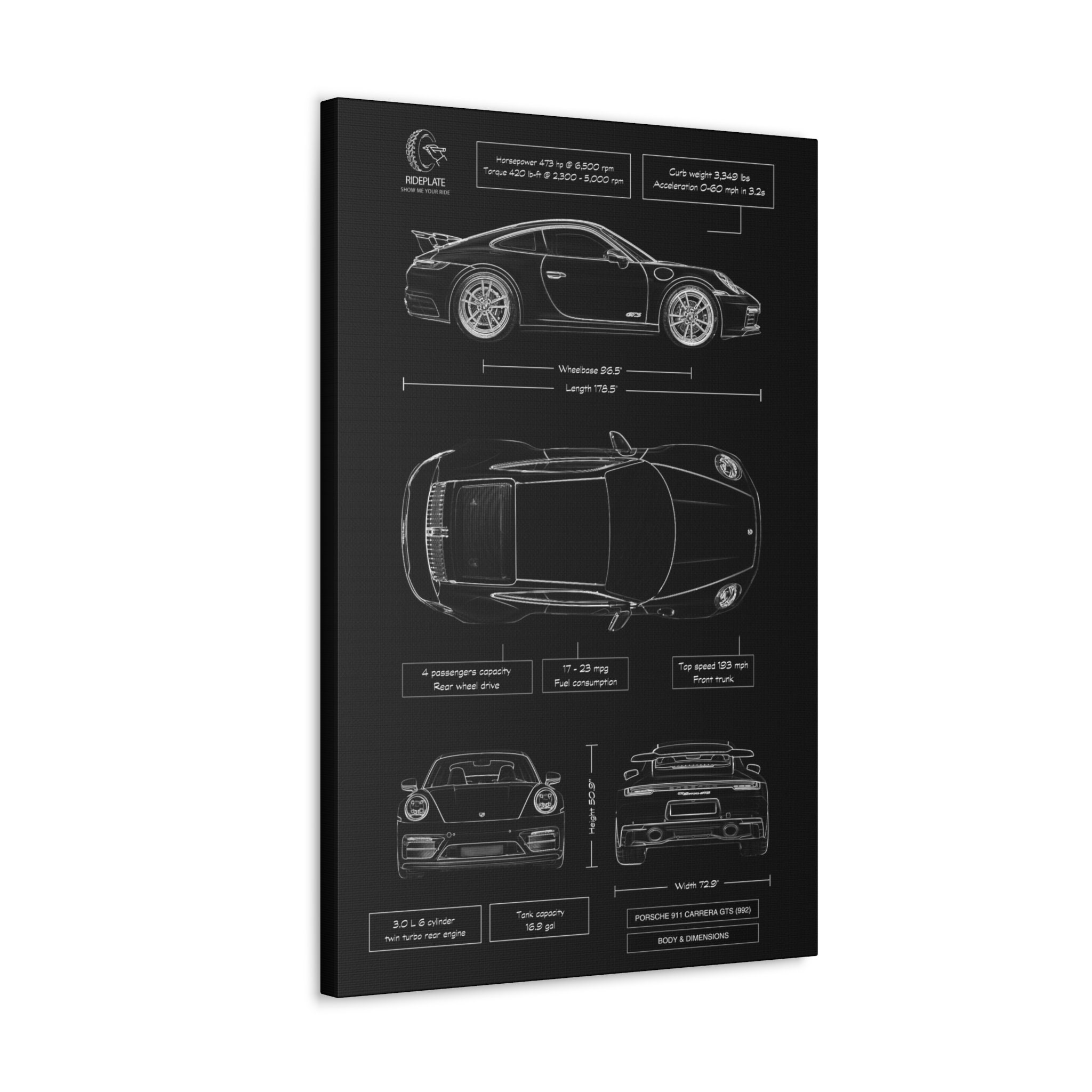 Porsche 911 Carrera GTS 992 Blueprint Canvas in Black Gift - Etsy